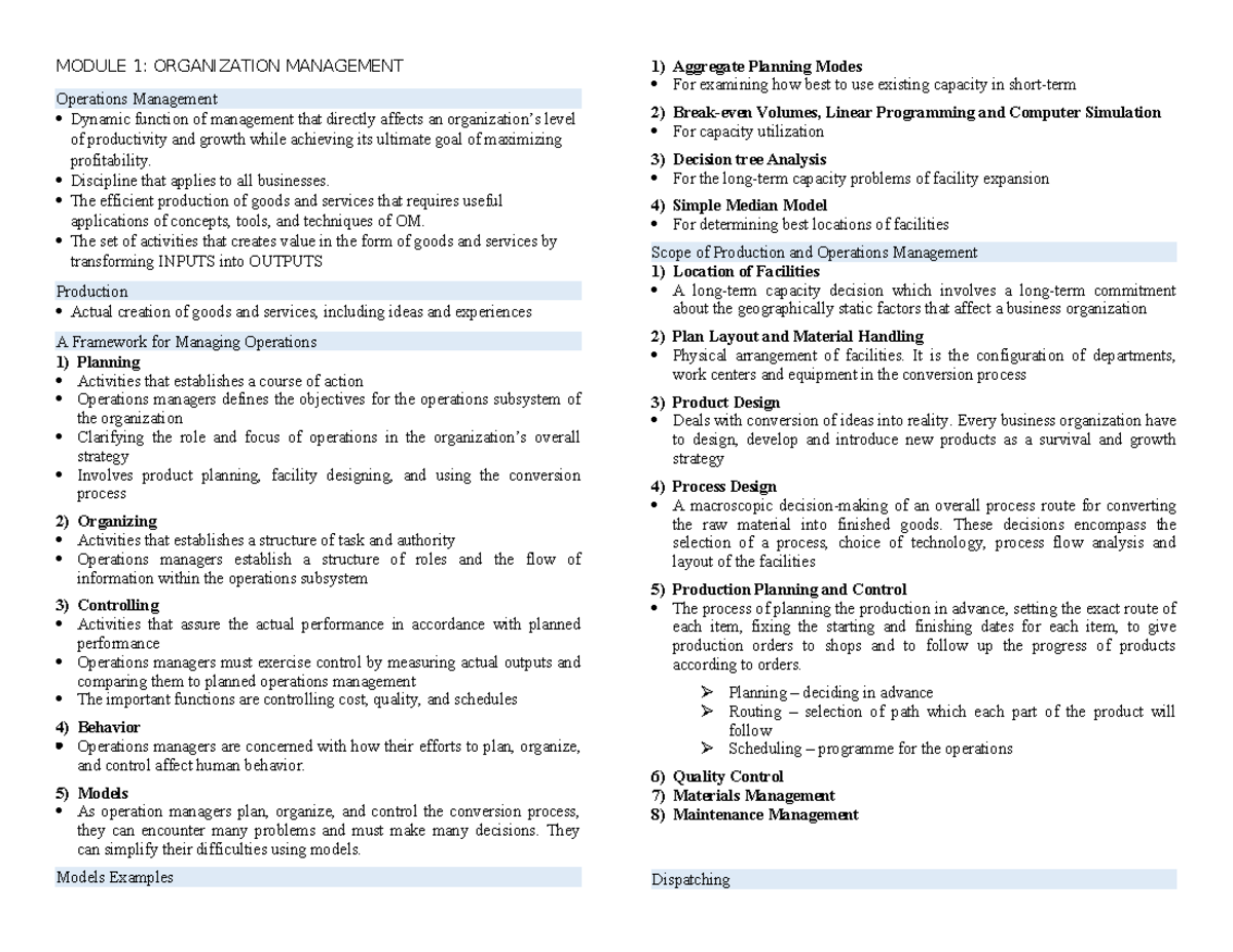 OM- Reviewer - MODULE 1: ORGANIZATION MANAGEMENT Operations Management ...