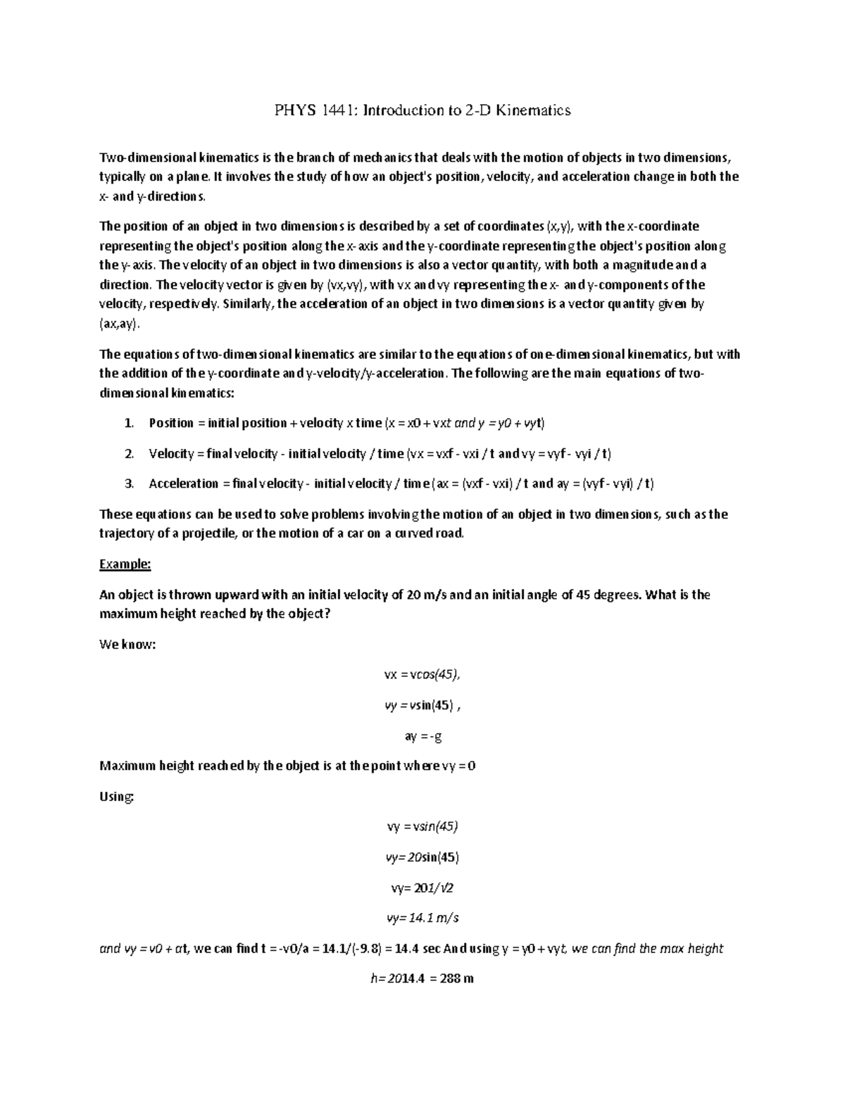 2-D Kinematics - PHYS 1441: Introduction to 2-D Kinematics Two ...