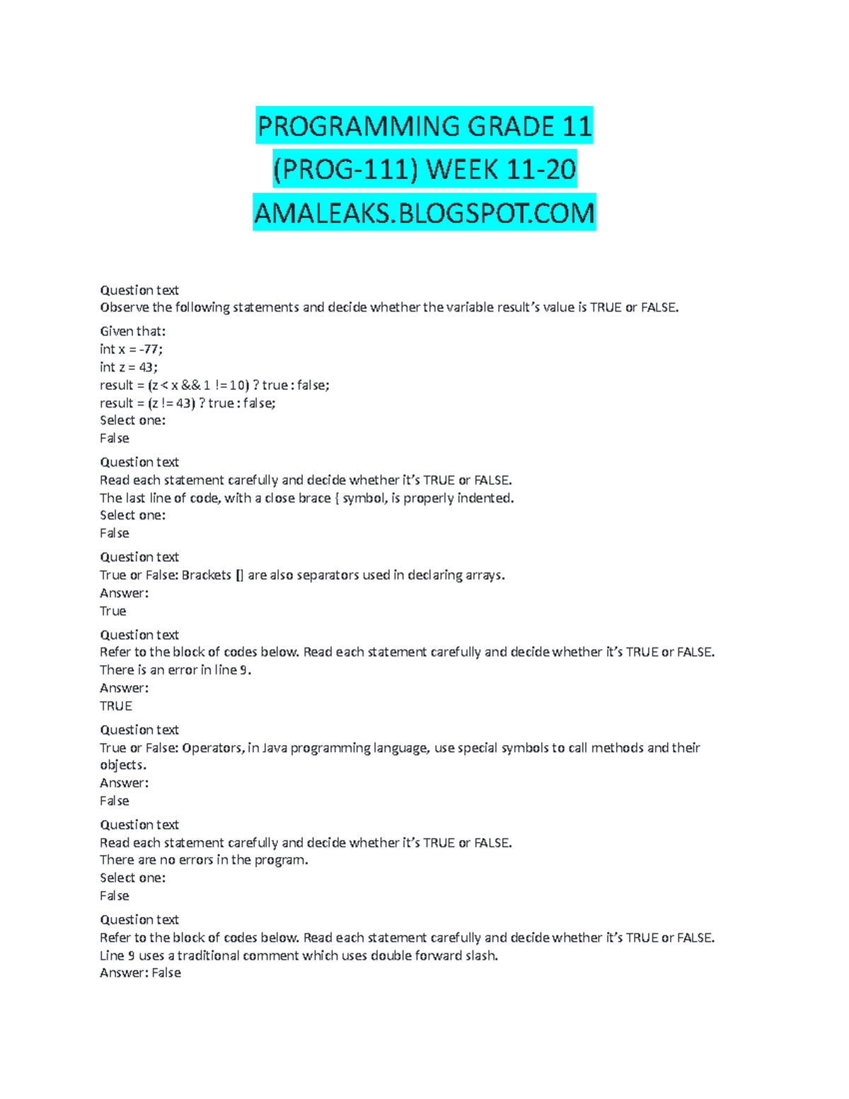 [ Amaleaks. Blogspot.COM] Programming (PROG-111) - Grade 11 Week 11-20 - PROGRAMMING GRADE 11 ...