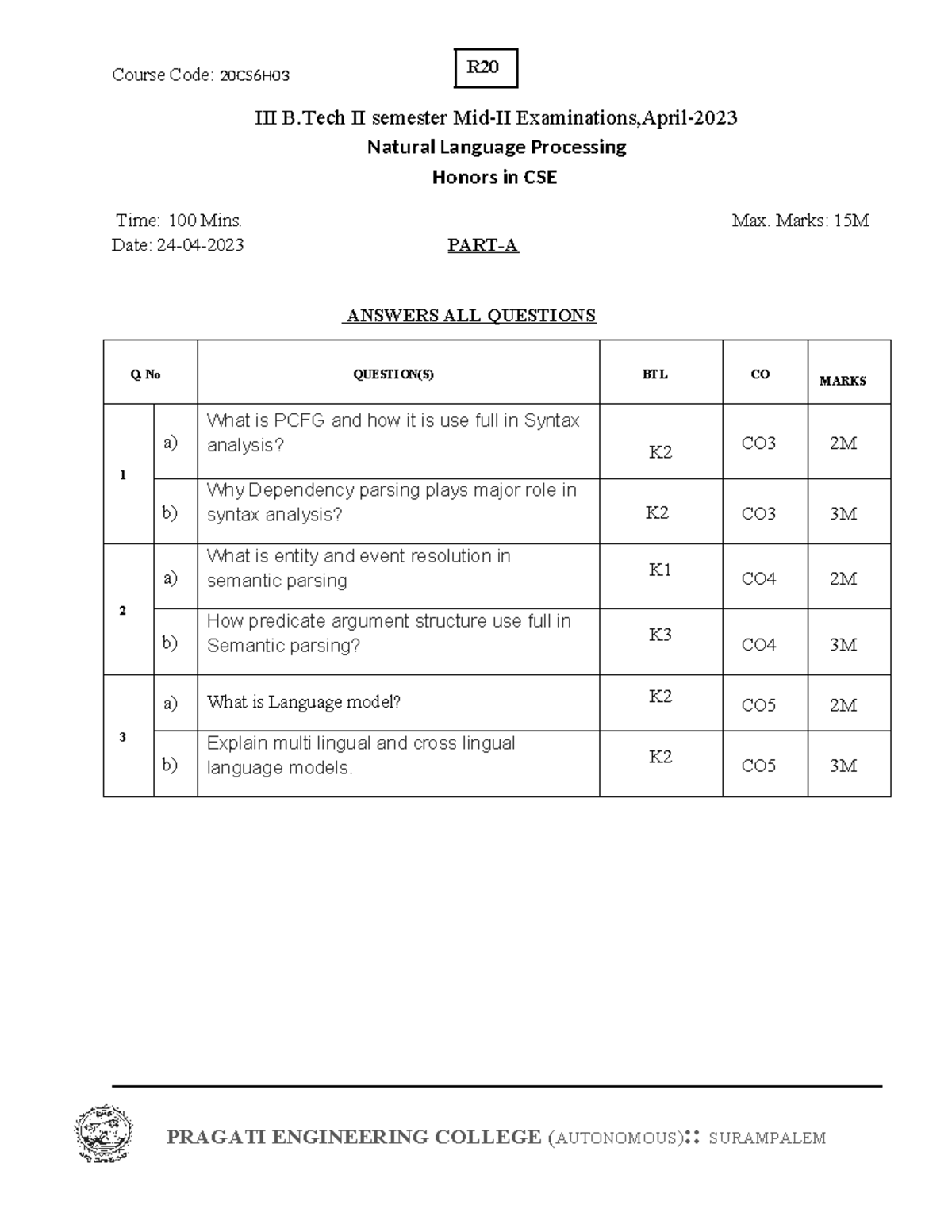 Nlp theory - gdfgdfg - Course Code: 20CS6H III B II semester Mid-II ...