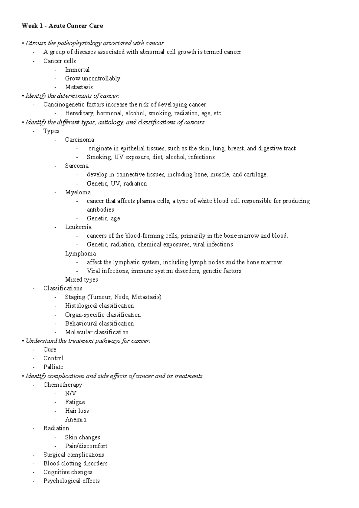 NSB236 Study - Week 1 - Acute Cancer Care Discuss the pathophysiology ...