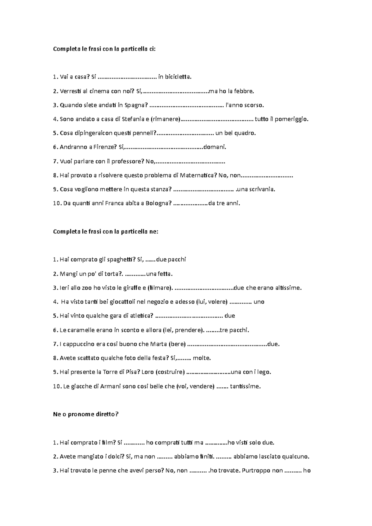 Ejercicio Gramática - Completa le frasi con la particella ci: Vai a ...