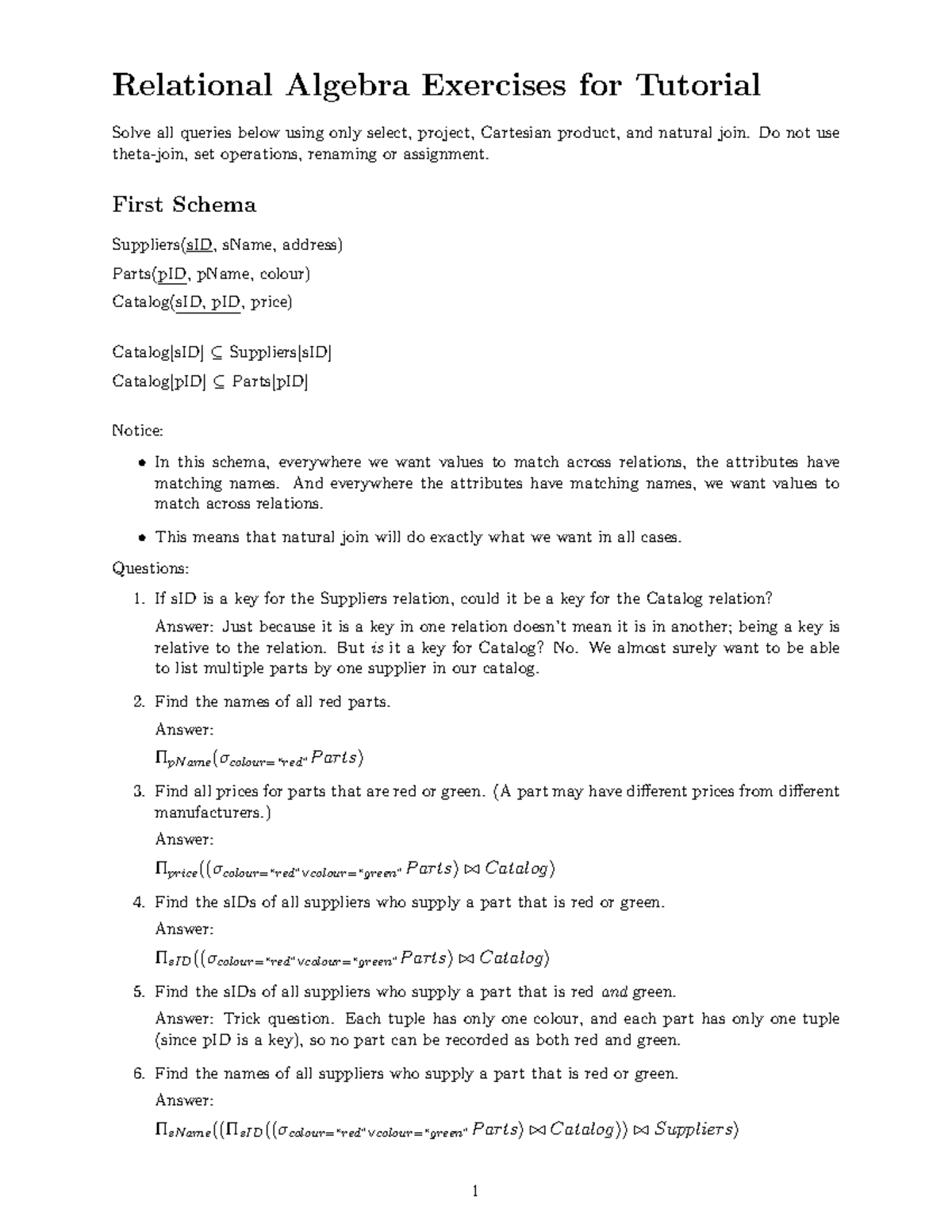 Relational Algebra EXercise - University of Toronto CSC343H1S Winter ...