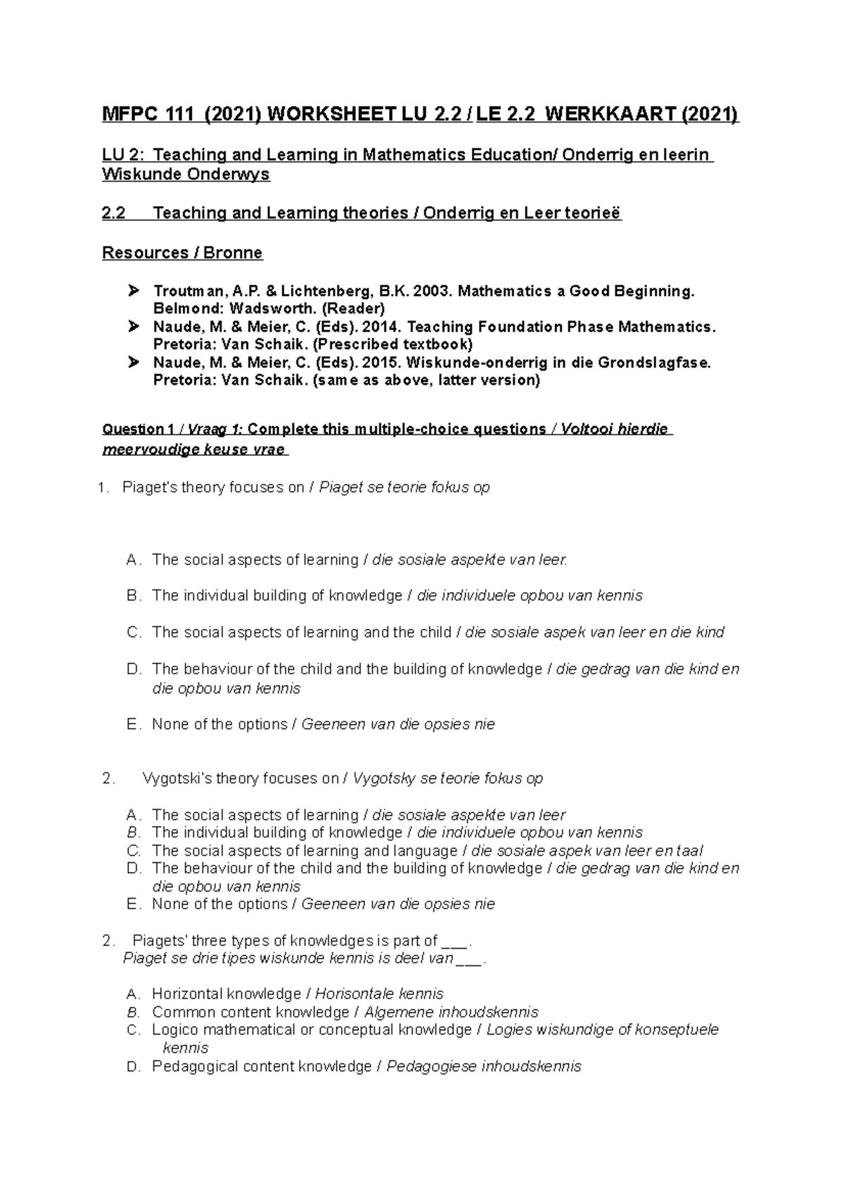 MFPC 111 LU 2.2 Worksheet - MFPC 111 (2021) WORKSHEET LU 2 / LE 2 ...