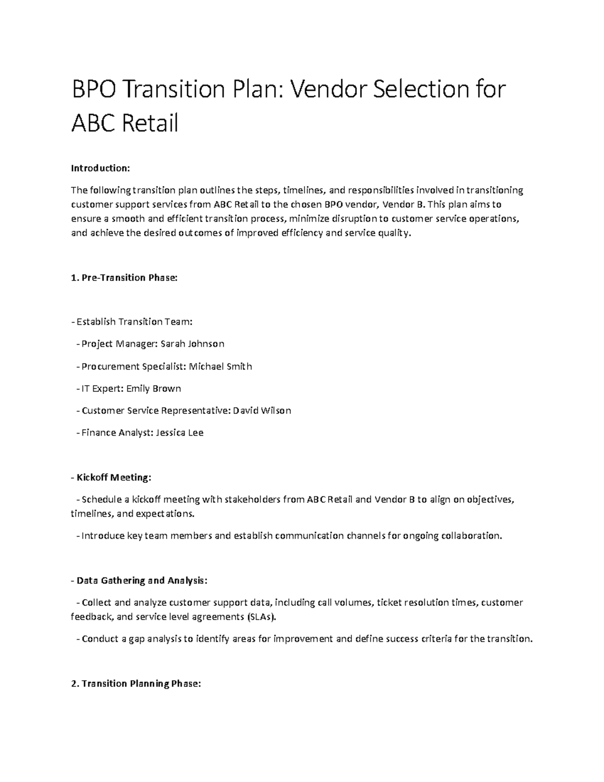 BPO Transition Plan - This plan aims to ensure a smooth and efficient ...