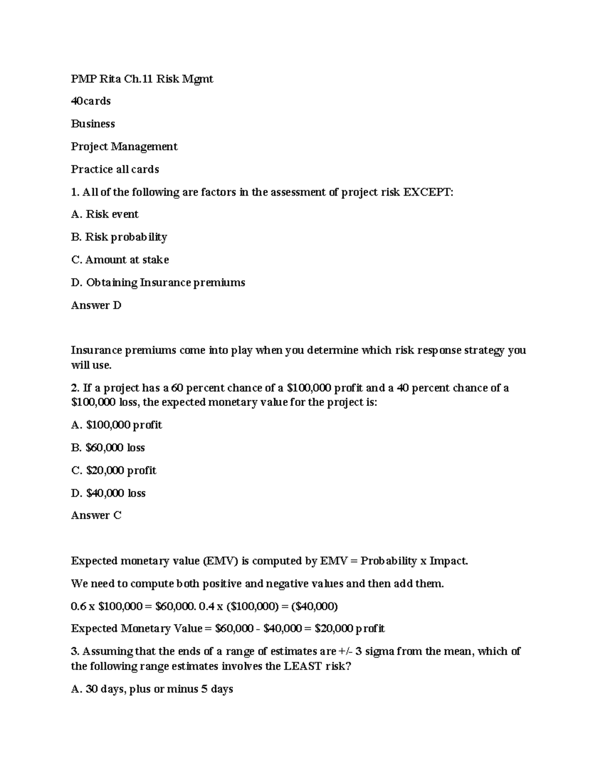 Risk Management Question 1q2 - PMP Rita Ch Risk Mgmt 40cards Business ...
