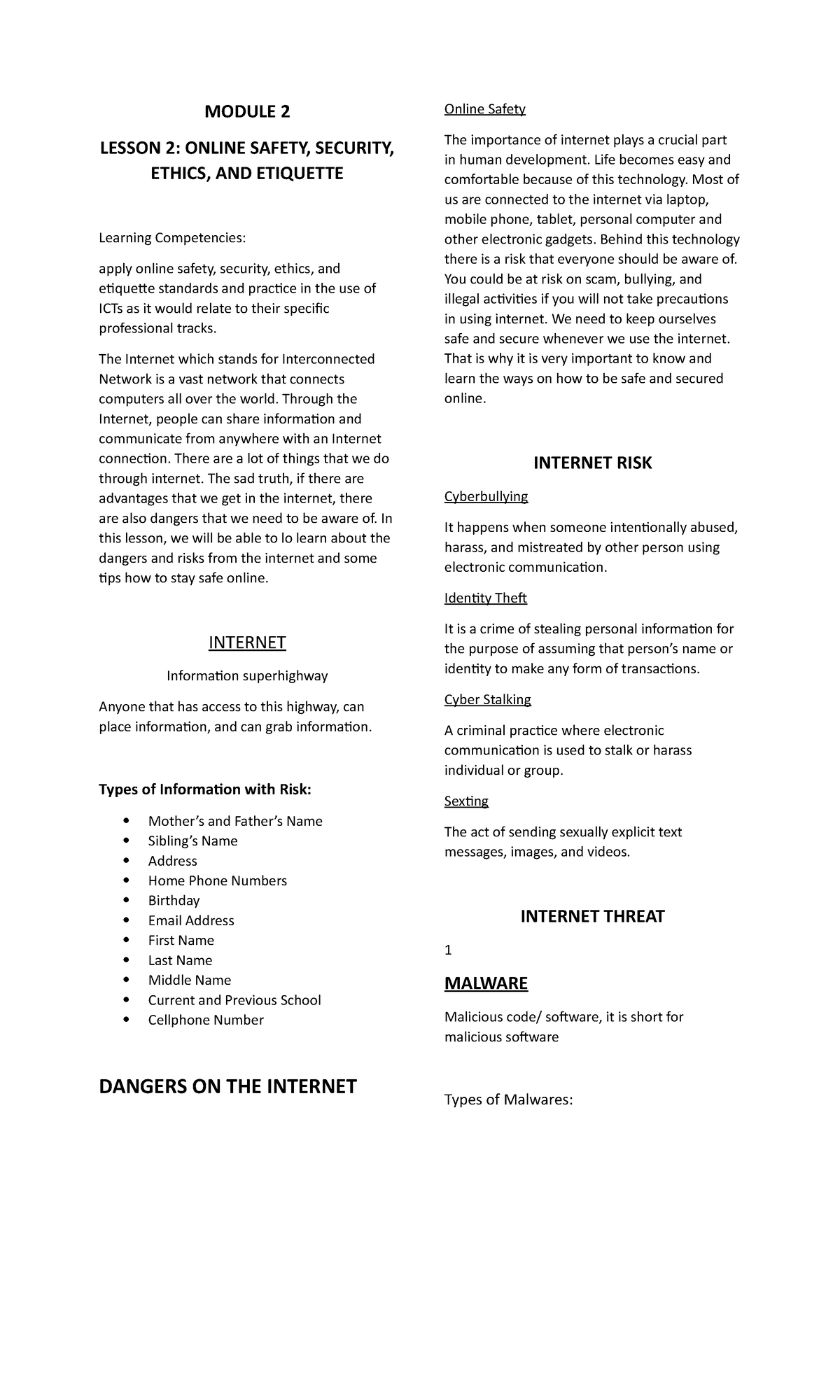 E-tech notes - MODULE 2 LESSON 2: ONLINE SAFETY, SECURITY, ETHICS, AND ...