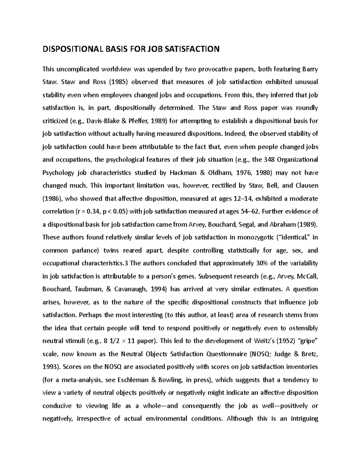 Dispositional Basis FOR JOB Satisfaction - DISPOSITIONAL BASIS FOR JOB ...