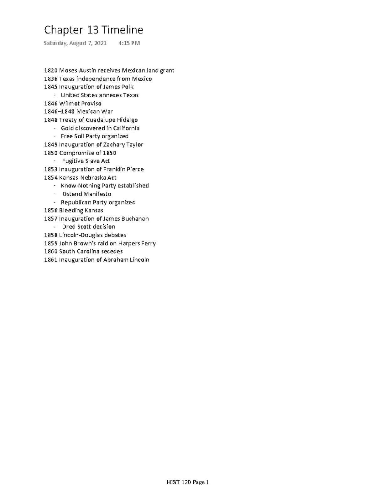 Chapter 13 Timeline - Assignment - 1820 Moses Austin receives Mexican ...