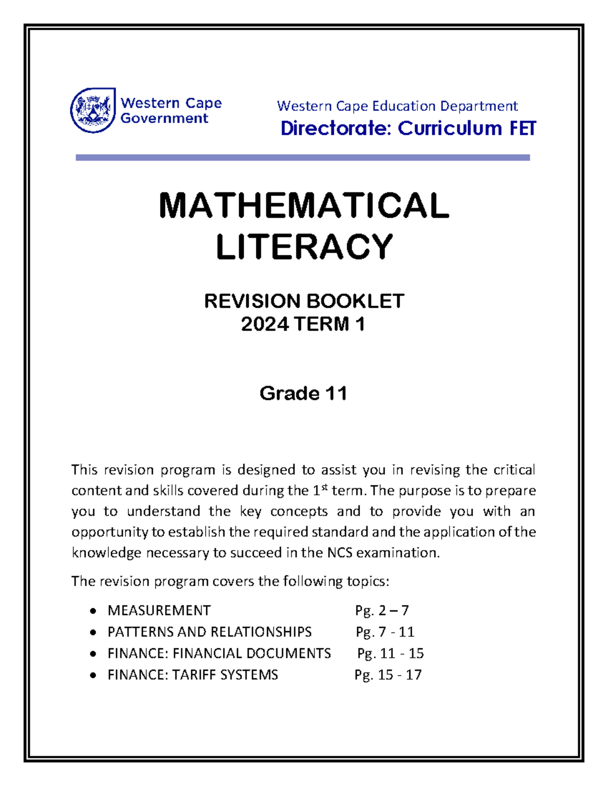 Mathematical Literacy Grade 11 Term 1 - Western Cape Education Department Directorate ...