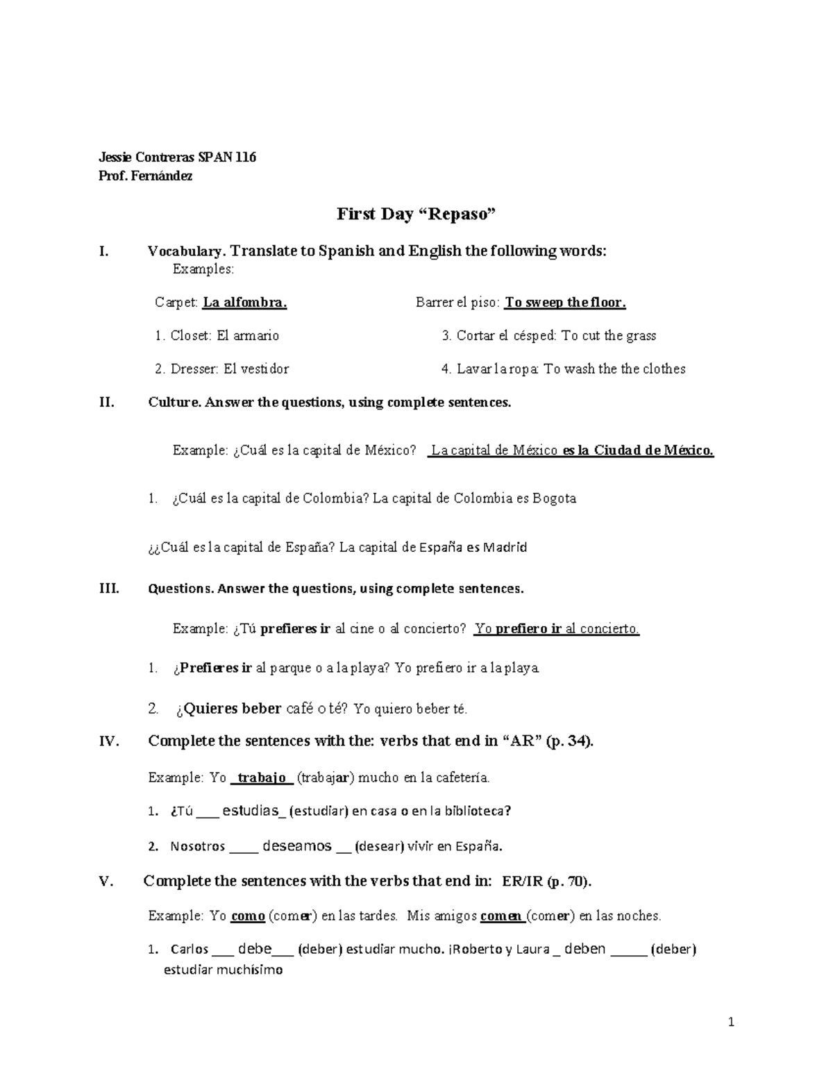 First Day “Repaso” - spanish - 1 Jessie Contreras SPAN 116 Prof ...