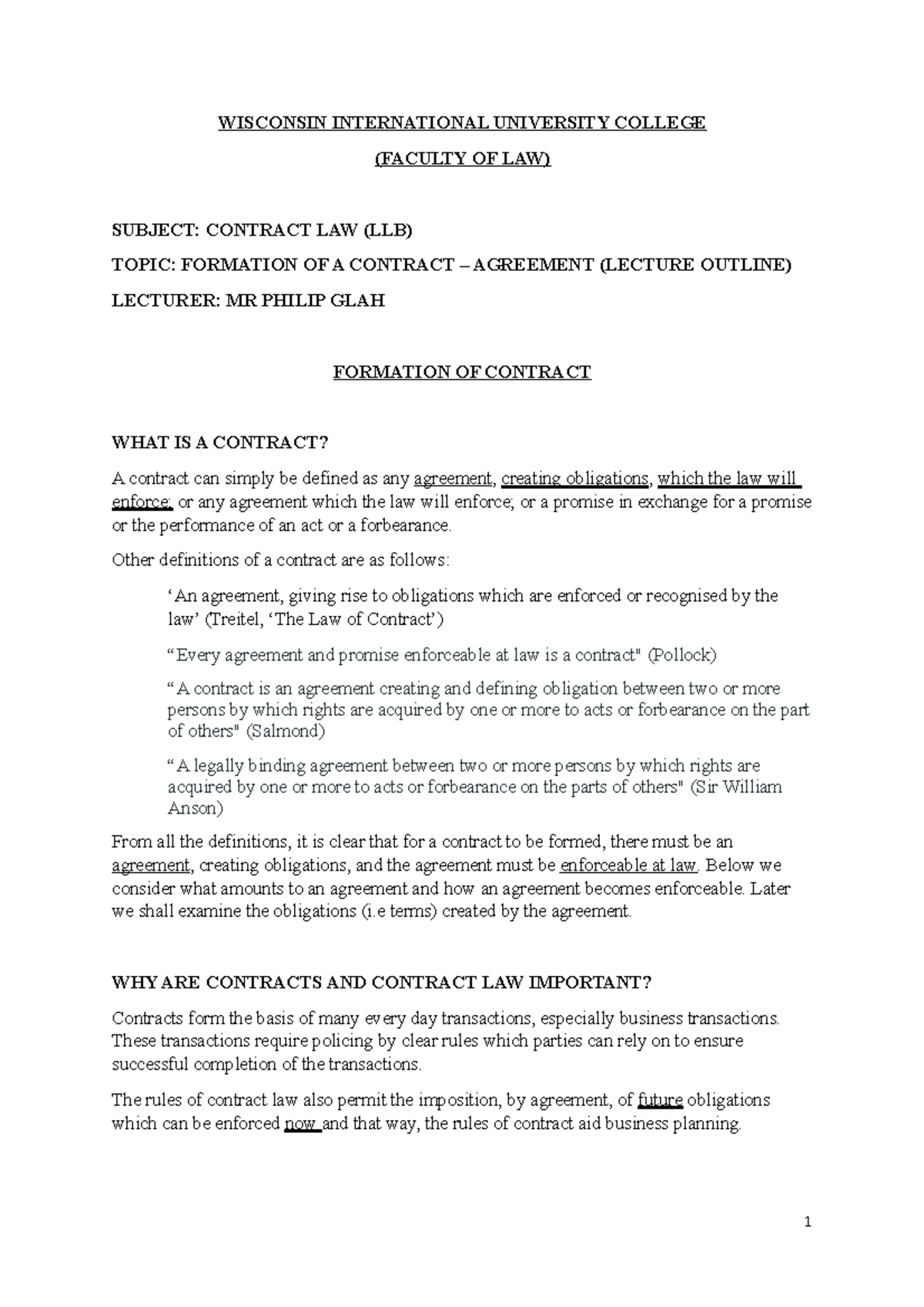 Contract LAW 1 - Formation Lecture Outline - Amended (SEPT, 2020 ...
