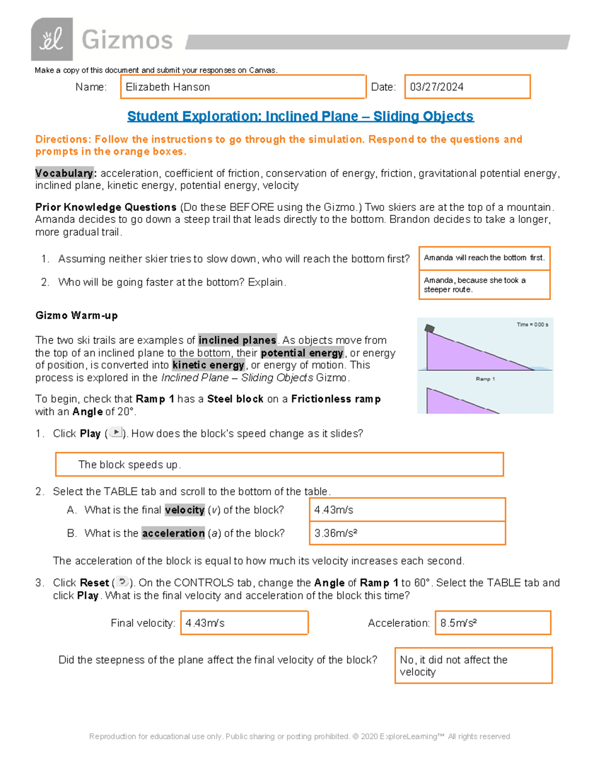 Inclined Plane Sliding Gizmo - Make a copy of this document and submit ...
