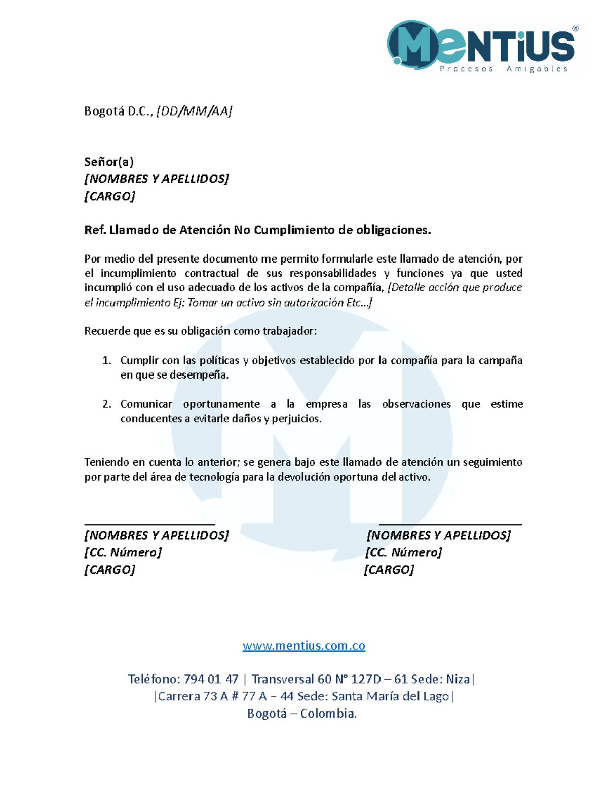 Plantilla Llamado DE Atencion Escrito - Bogotá D., [DD/MM/AA] Señor(a ...