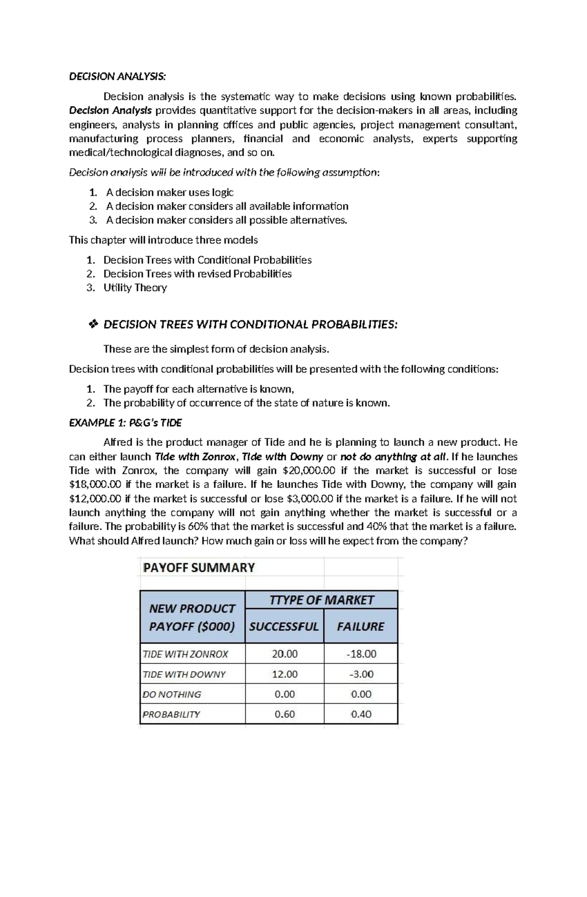 Man Sci Notes - Decision Analysis - DECISION ANALYSIS: Decision ...