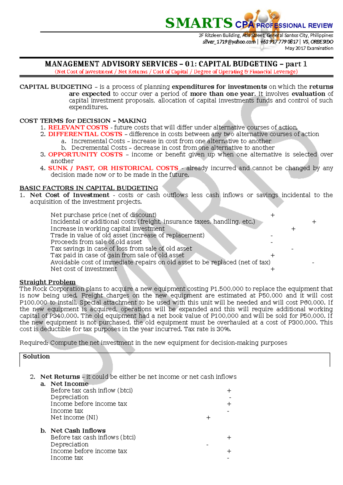 01 Capital Budgeting 1 NEW - SMARTS CPA PROFESSIONAL REVIEW 2F Ritzleen ...
