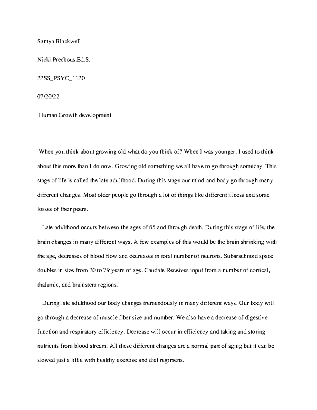 Writing ass. chapter 9 - Human Growth and Development - Samya Blackwell ...