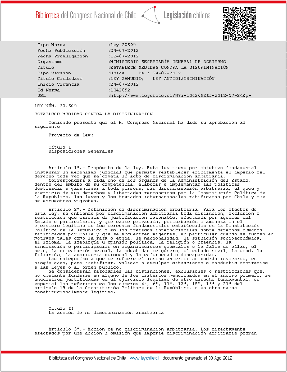 Ley Zamudio 20609 - Tipo Norma :Ley 20609 Fecha Publicación :24-07 ...