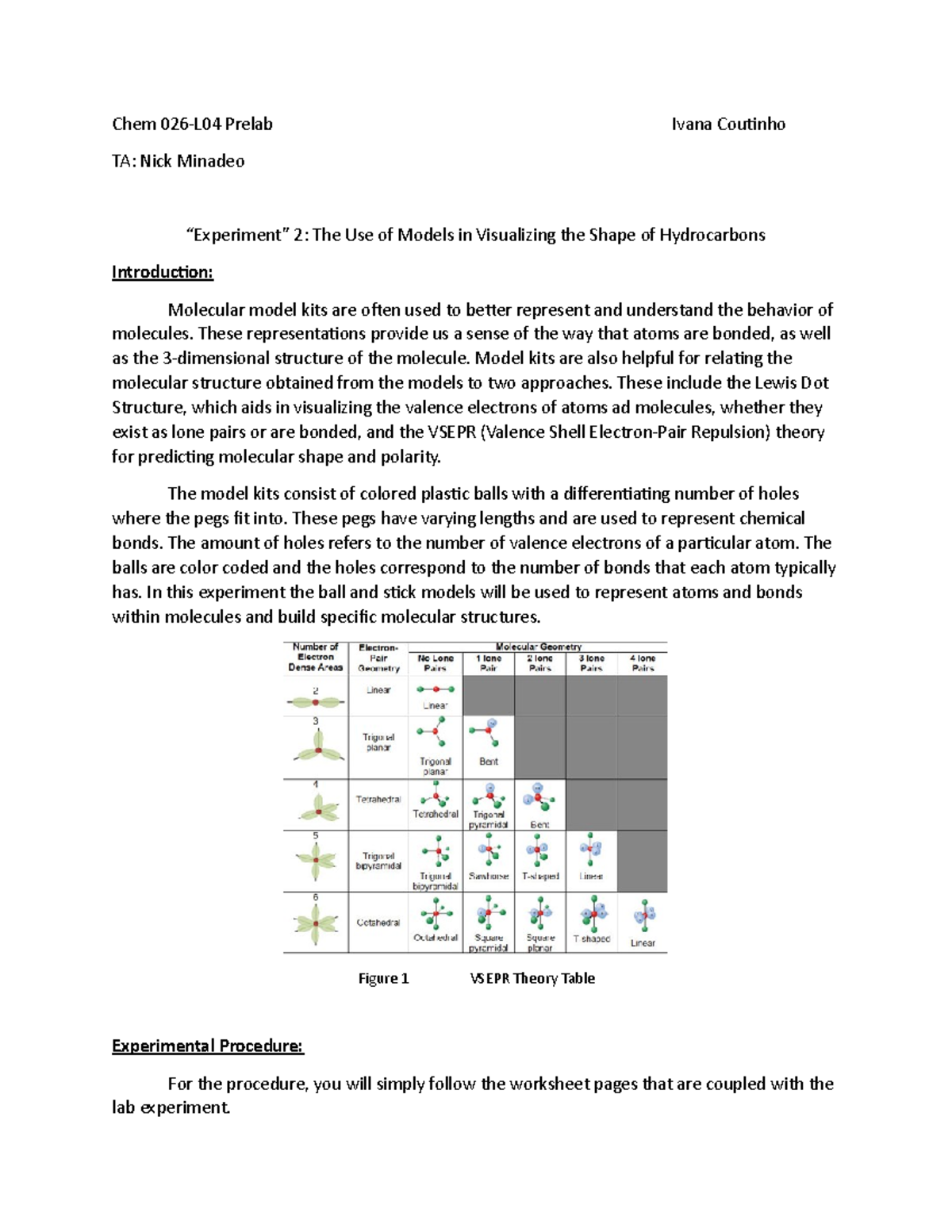 Experiment 2 Prelab - Chem 026-L04 Prelab Ivana Coutinho TA: Nick ...