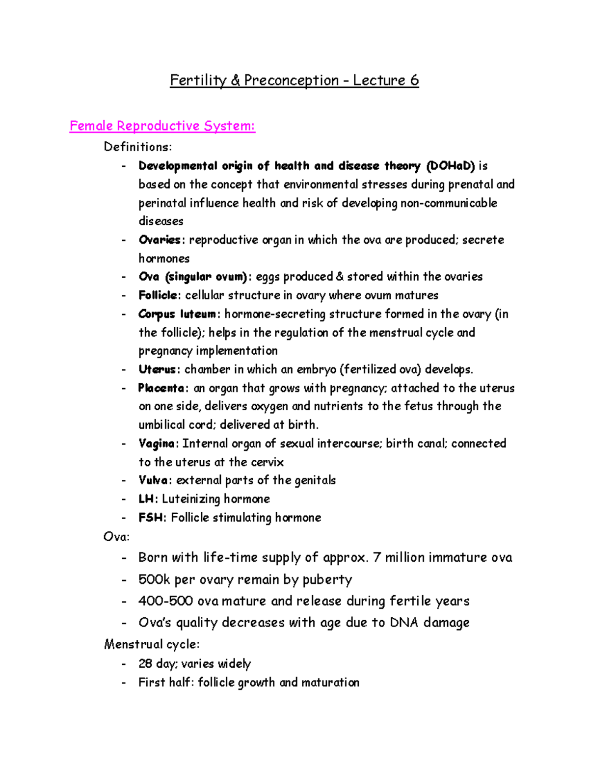 Nutr2050-Lect 6 Notes - Fertility & Preconception - Lecture 6 Female ...