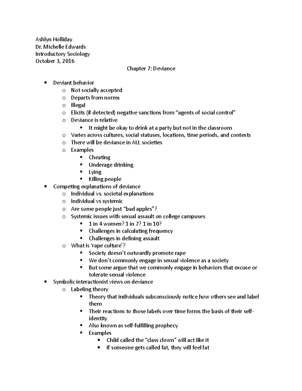 Chapter 7- Deviance - Dr. Michelle L. Edwards - Ashlyn Holliday Dr ...