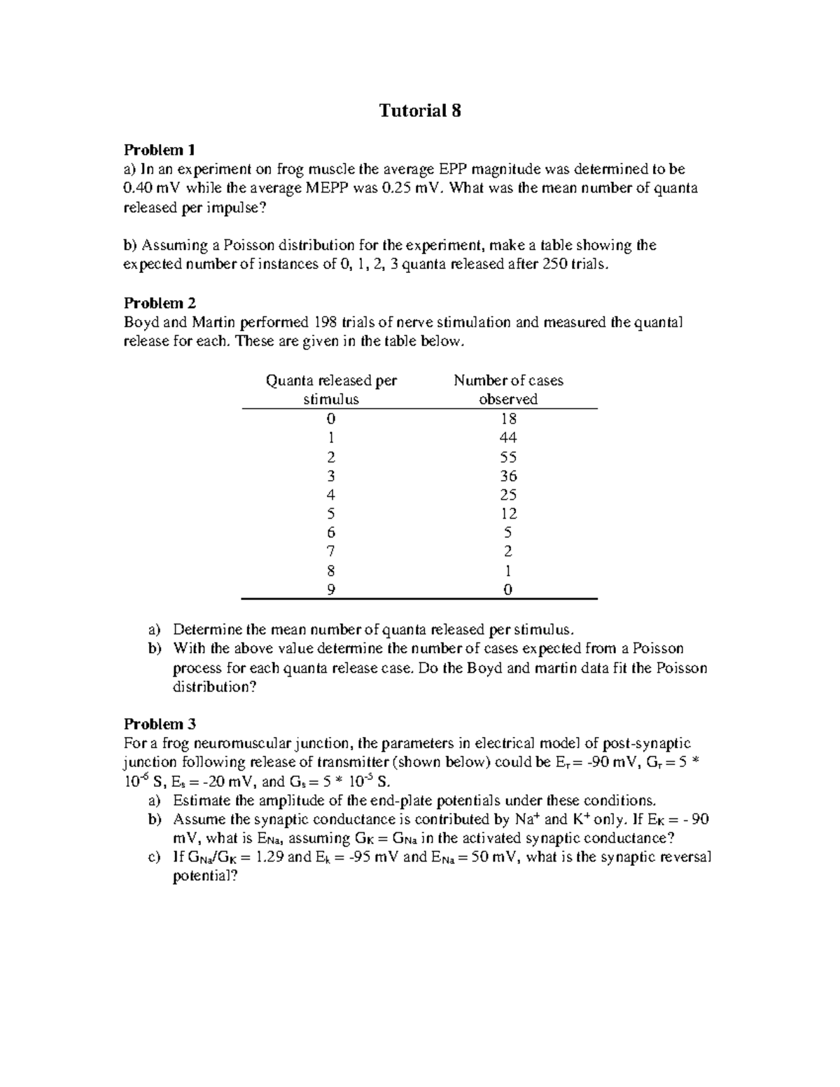 Tutorial 9 - cool - Tutorial 8 Problem 1 a) In an experiment on frog muscle the average EPP ...