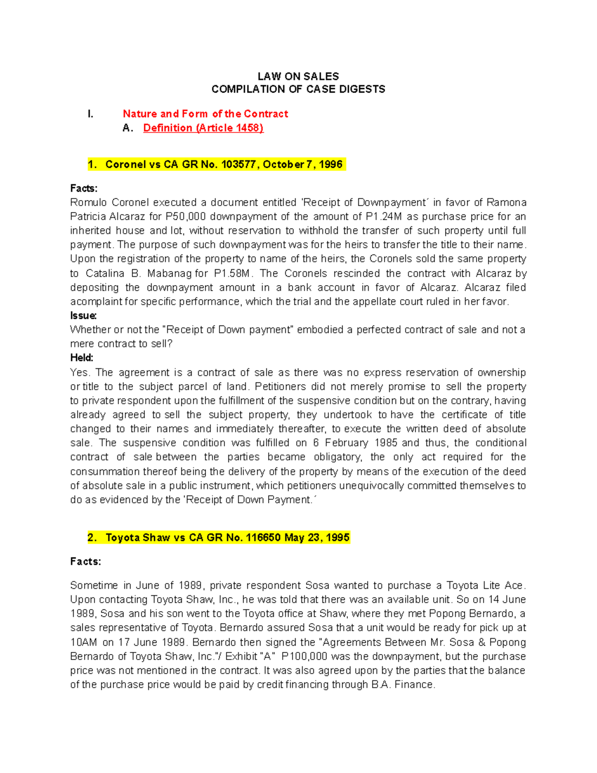Dokument digests - LAW ON SALES COMPILATION OF CASE DIGESTS I. Nature ...