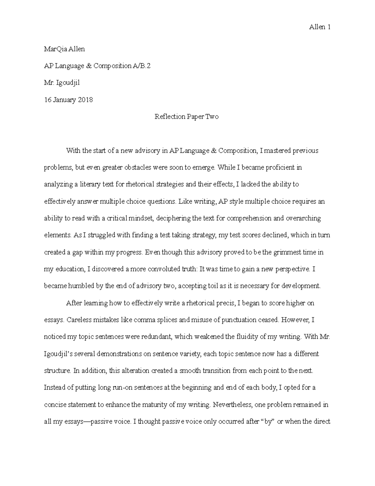 -Reflection Paper Two - MarQia Allen AP Language & Composition A/B. Mr ...