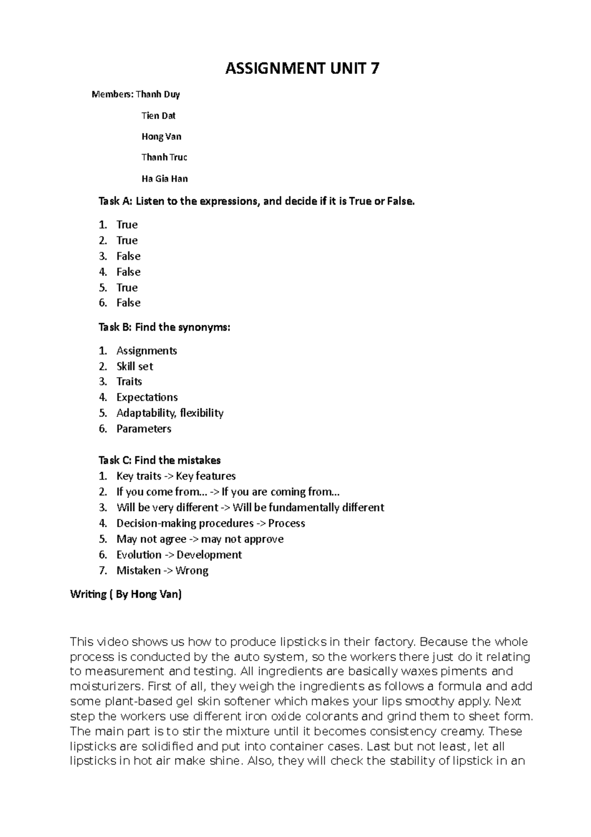Assignment UNIT 7 Listening 2 - ASSIGNMENT UNIT 7 Members: Thanh Duy ...