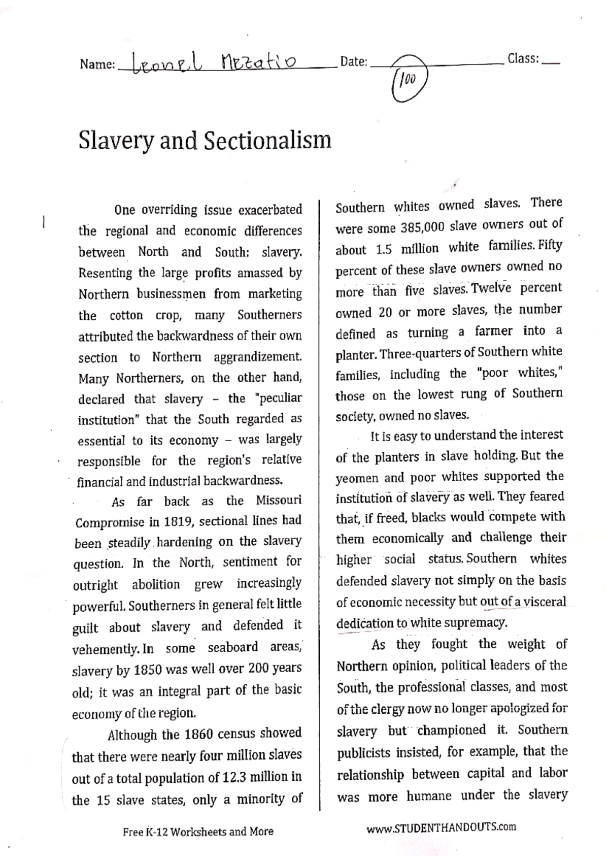American History, Slavery and Sectionalism - Name: Leonel Mezatio Date ...