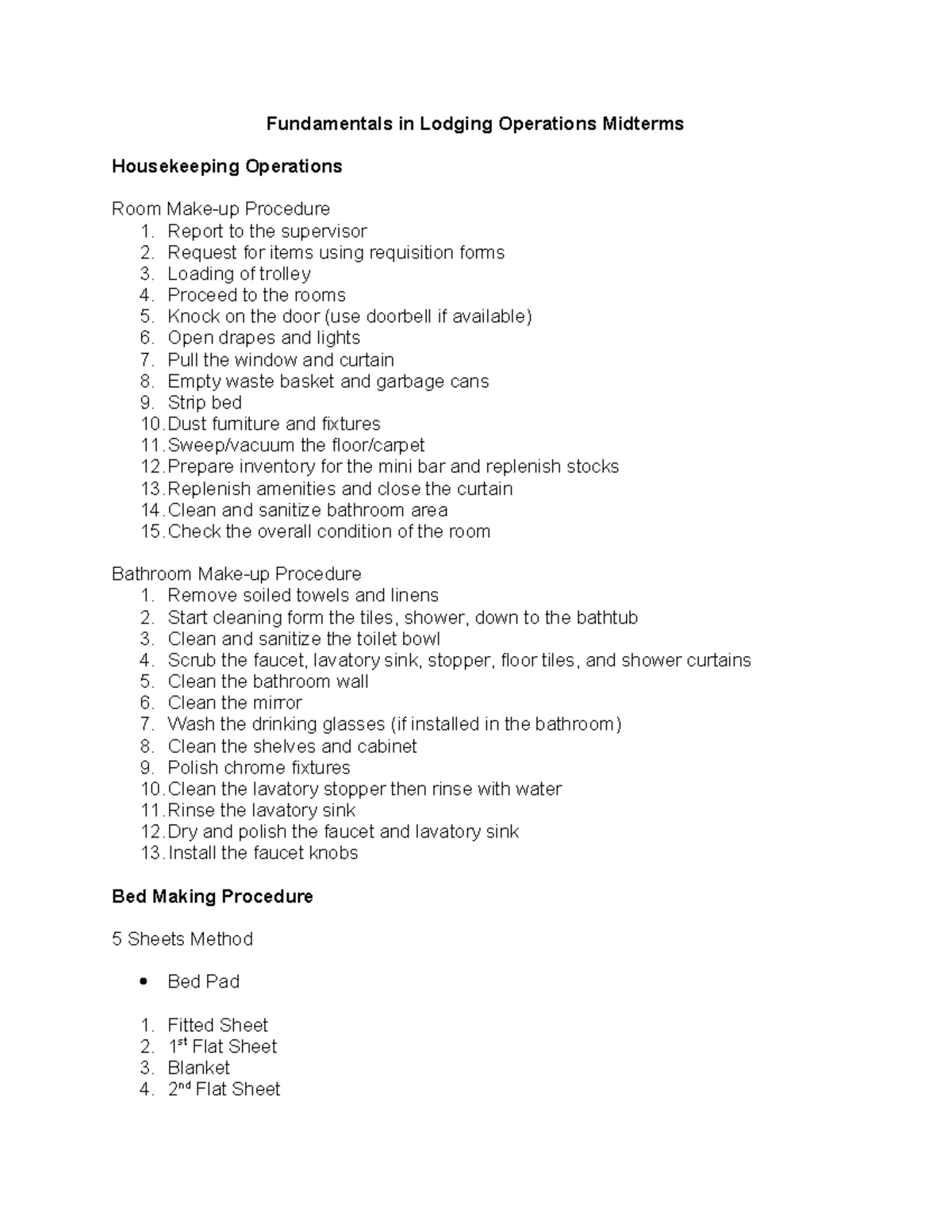 Fundamentals in Lodging Operations Midterms - Fundamentals in Lodging Operations Midterms - Studocu