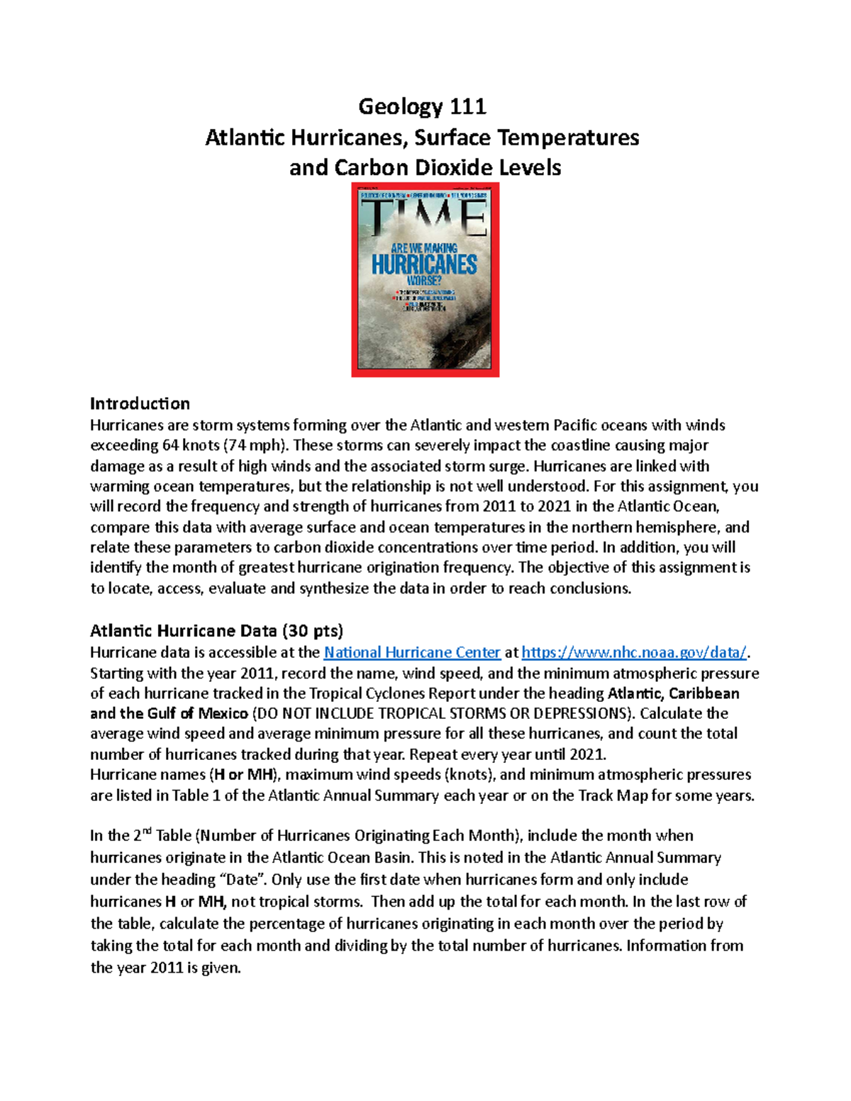 Hurricane Assignment 2022 Version 2 - Geology 111 Atlantic Hurricanes ...