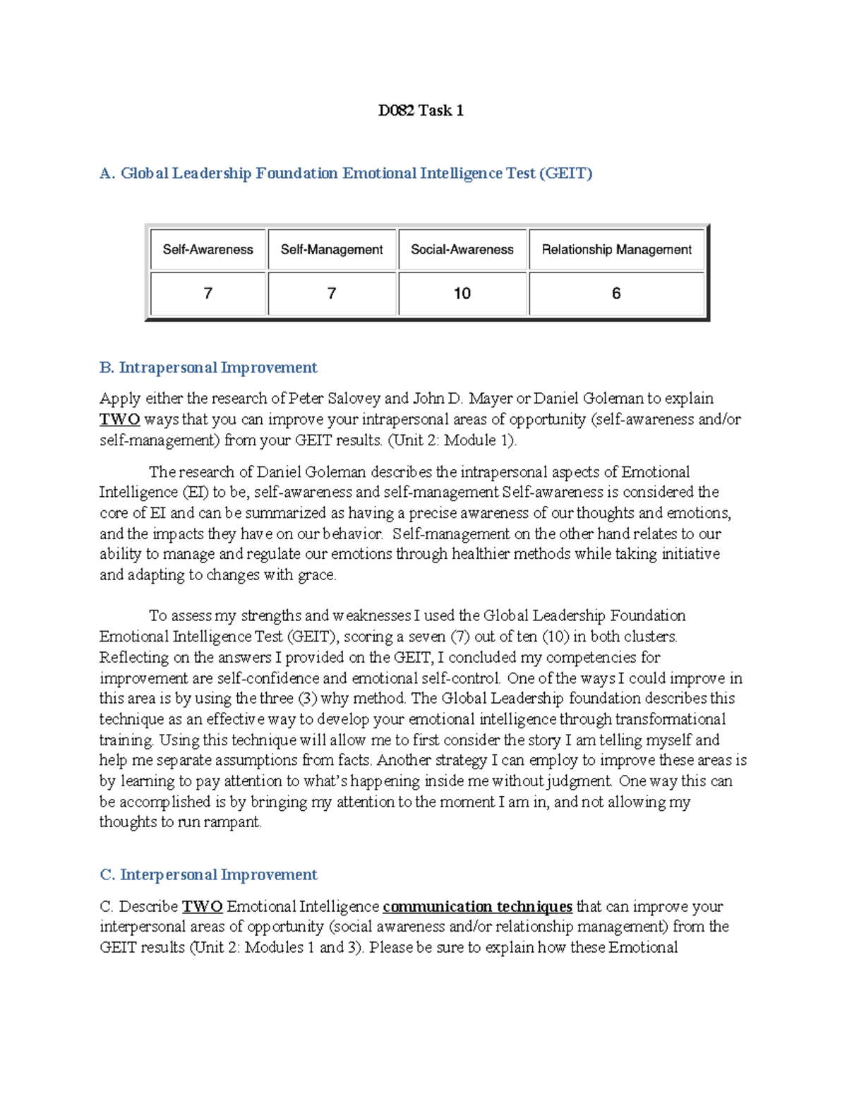D082 Task 1 - Task 1 for D082 - D082 Task 1 A. Global Leadership ...