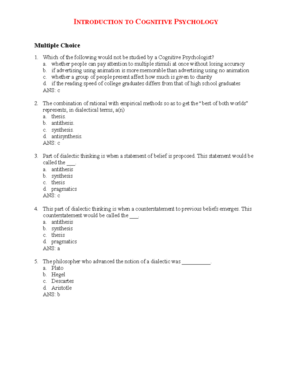 Cognitive Psychology Reviewer - INTRODUCTION TO COGNITIVE PSYCHOLOGY ...