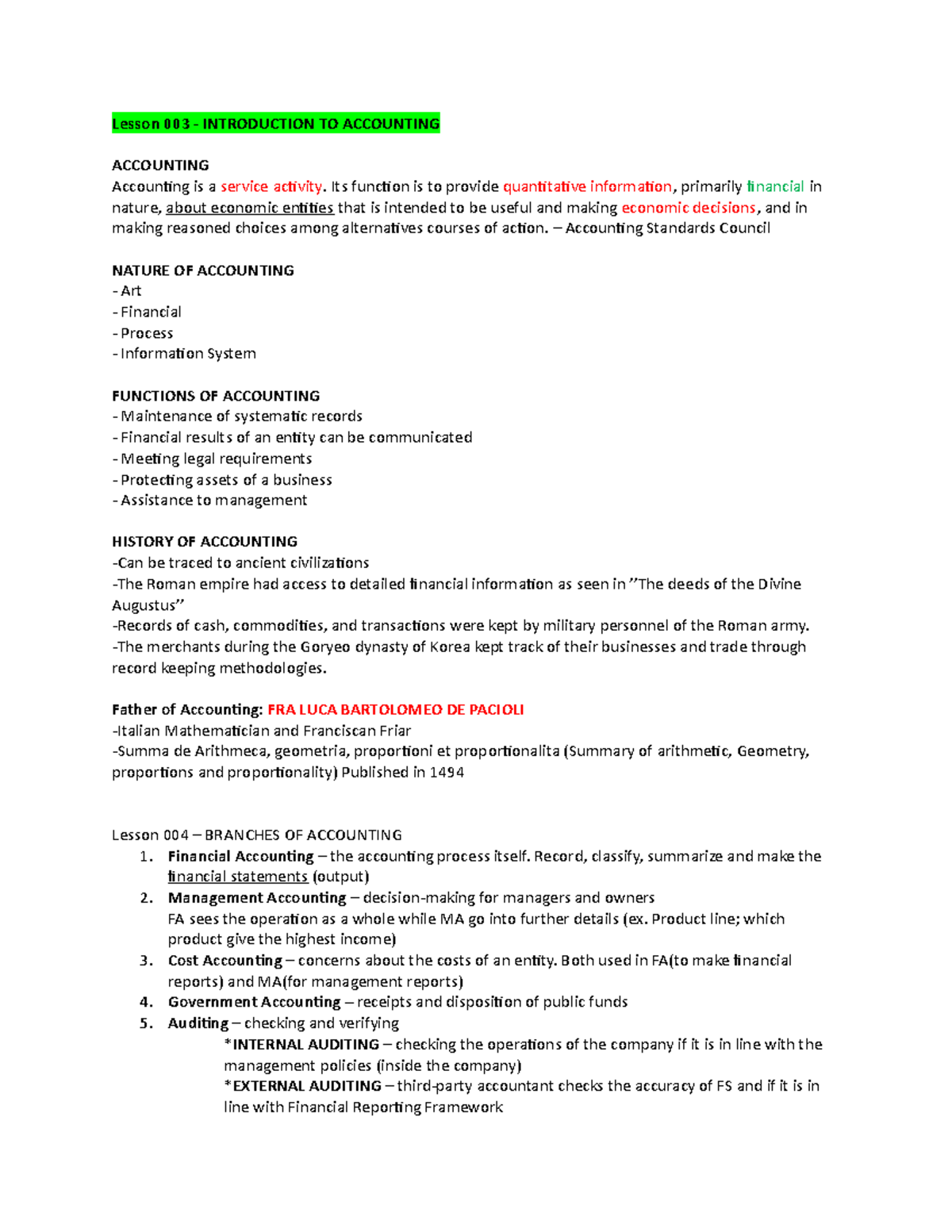 Intro to Accounting - Lecture notes 1 - Accountancy - Studocu