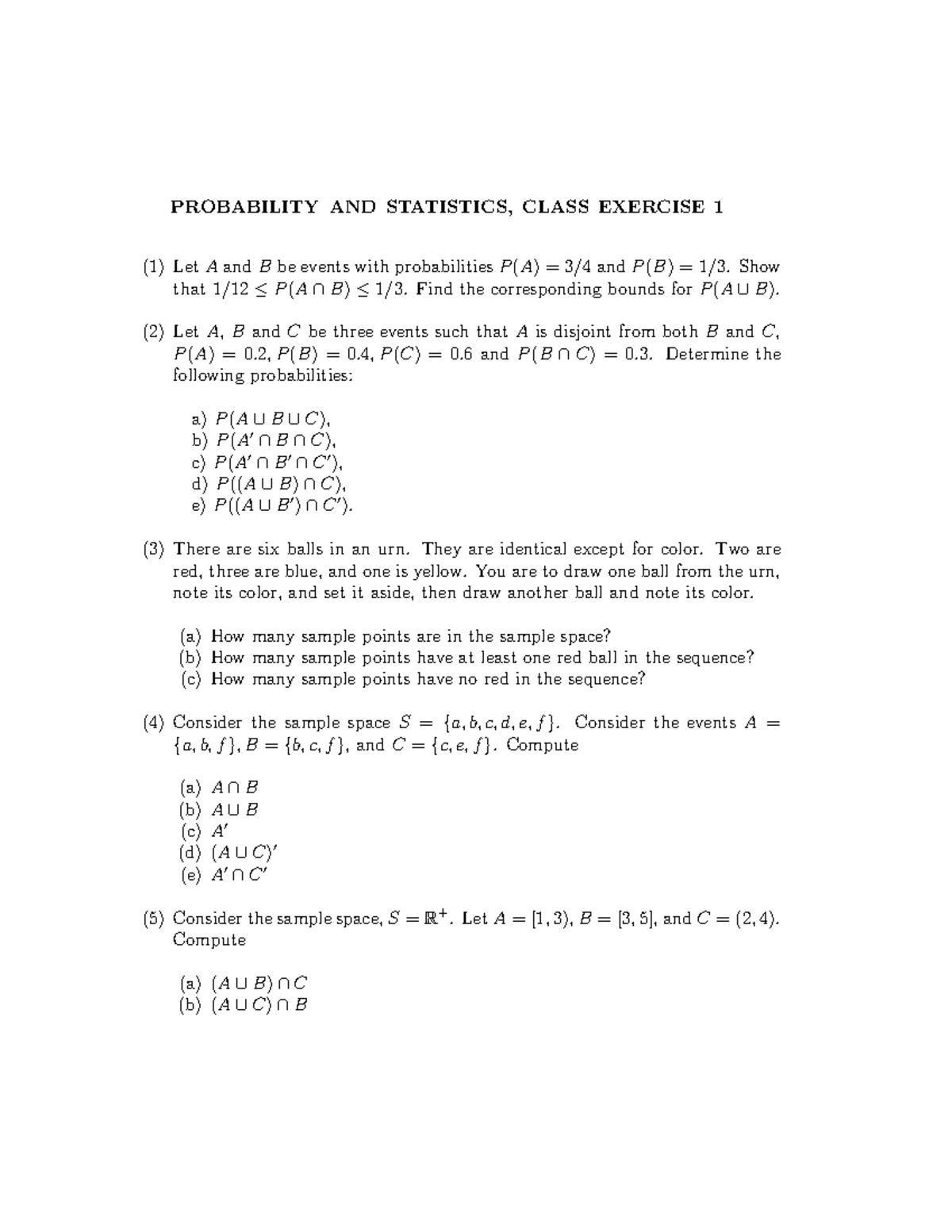 Clex1- probabilty questions - PROBABILITY AND STATISTICS, CLASS ...