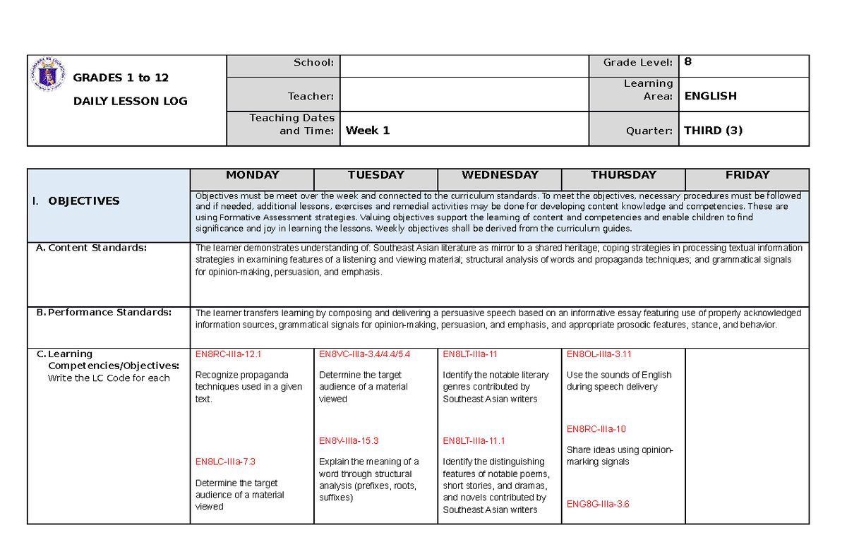 DLL-ENG8-3RDQ-week1 - GRADES 1 to 12 DAILY LESSON LOG School: Grade ...