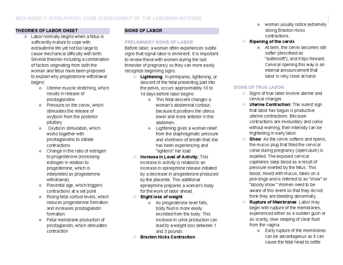 MCN WK7 INTRAPARTAL CARE - THEORIES OF LABOR ONSET ★ Labor normally ...