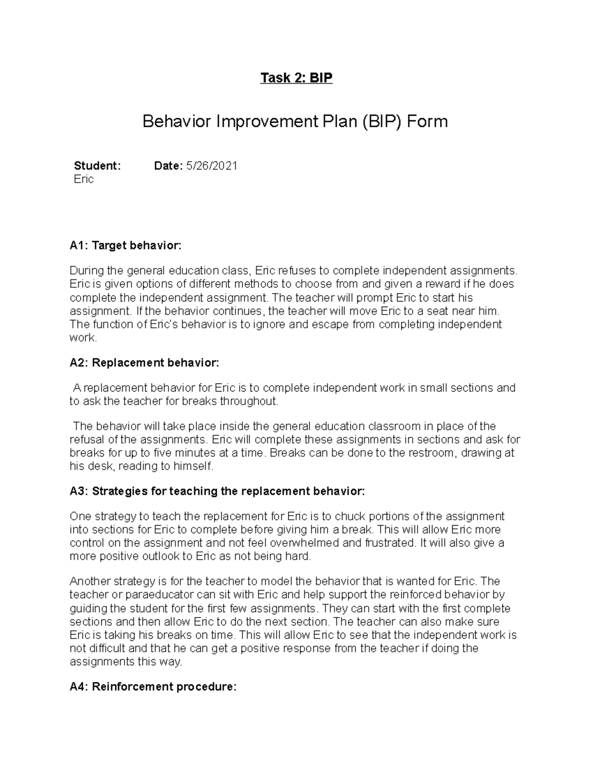 Task 2 - this was passed fully - Task 2: BIP Behavior Improvement Plan ...
