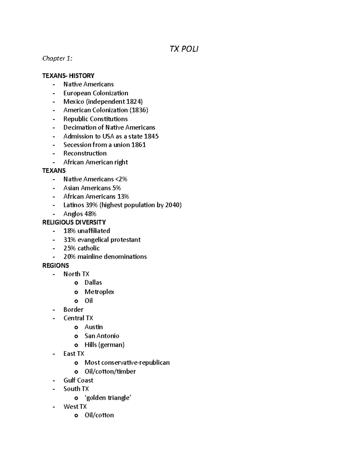 TX GOV Class Notes - Chapter 1: TX POLI TEXANS- HISTORY - Native ...