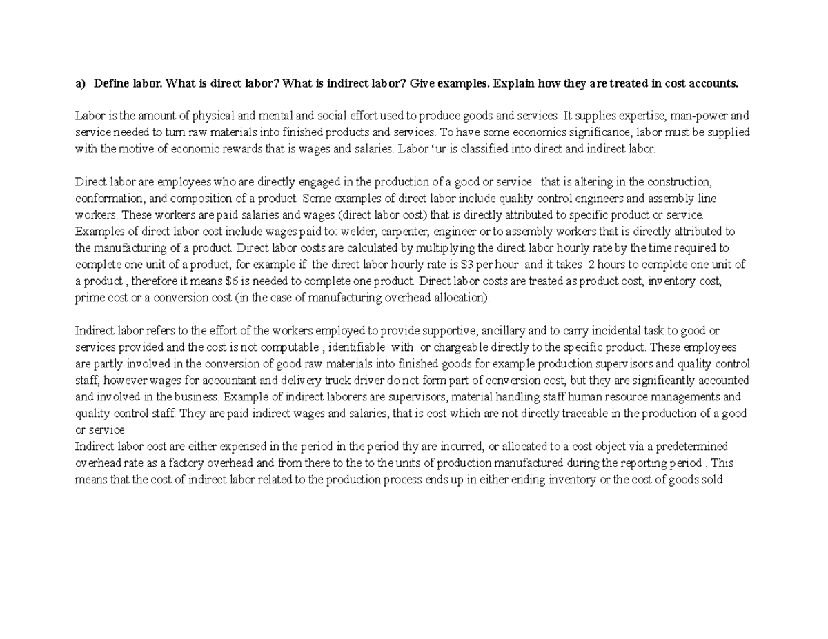 QSN 3 - a) Define labor. What is direct labor? What is indirect labor ...