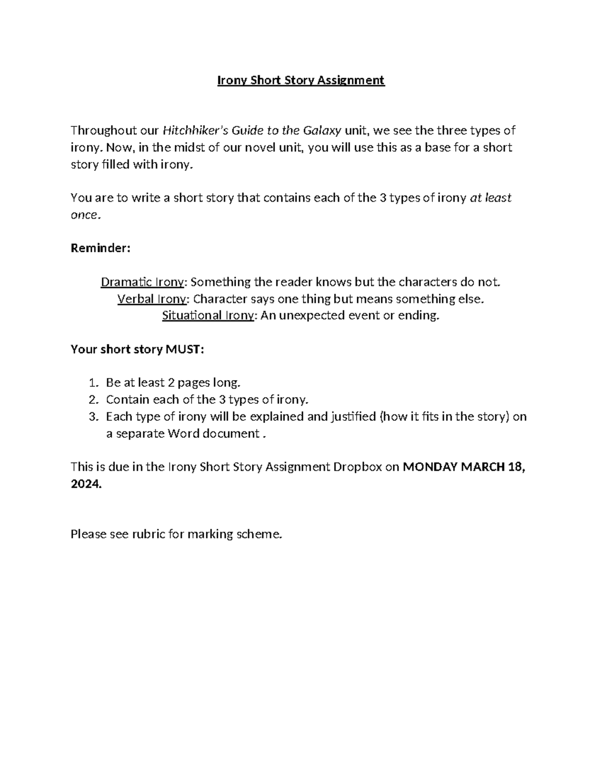 Irony Assignment - Irony Short Story Assignment Throughout our ...