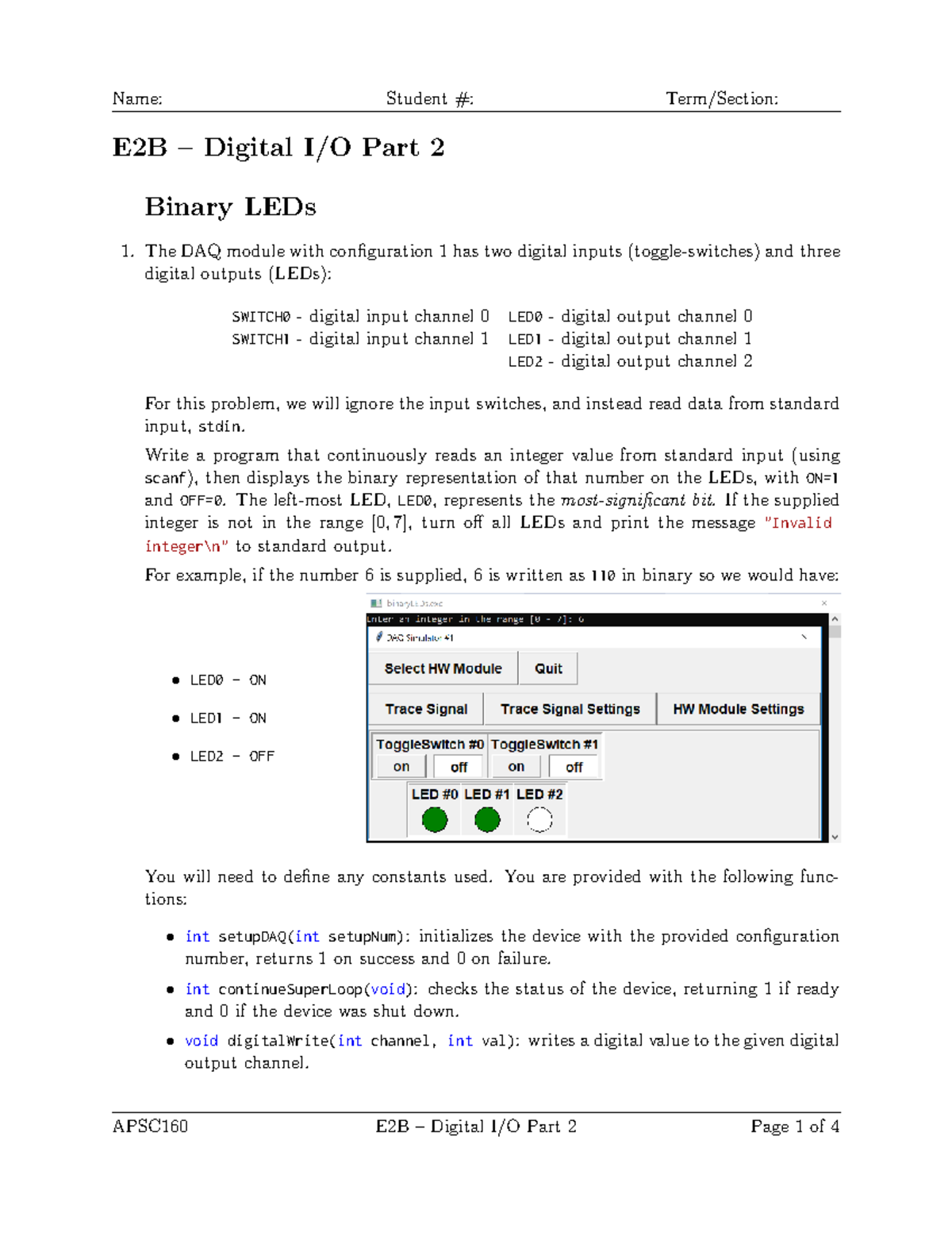 E2B - Assignment Worksheet - E2B – Digital I/O Part 2 Binary LEDs 1 ...