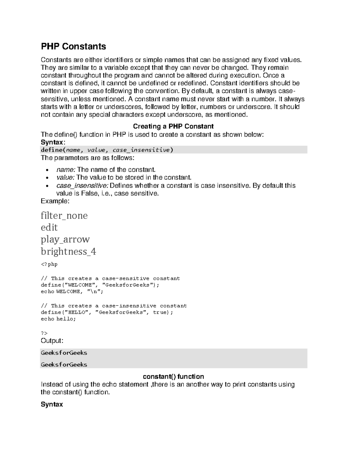 M4S1 - S2 - Contants, Math Functions - PHP Constants Constants are ...