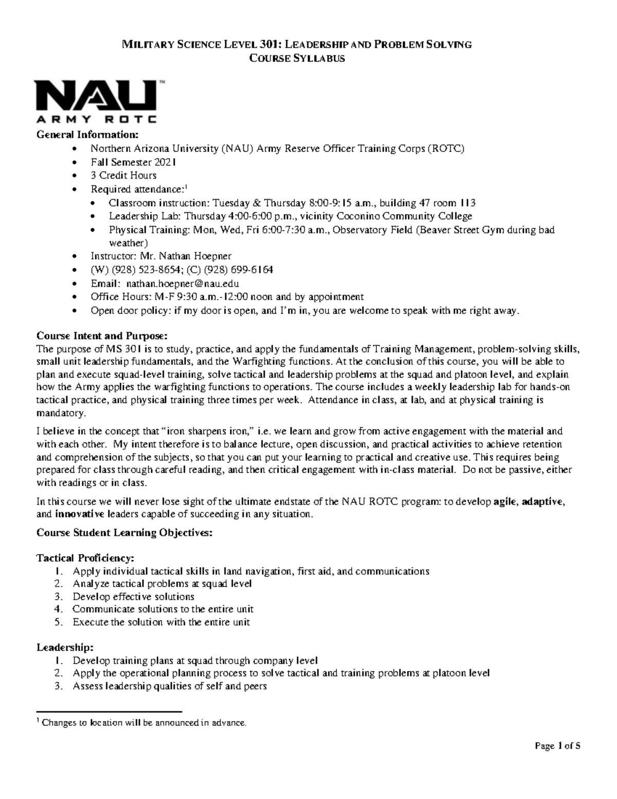 MS301 Fall 21 Course Syllabus final - MILITARY SCIENCE LEVEL 301 ...