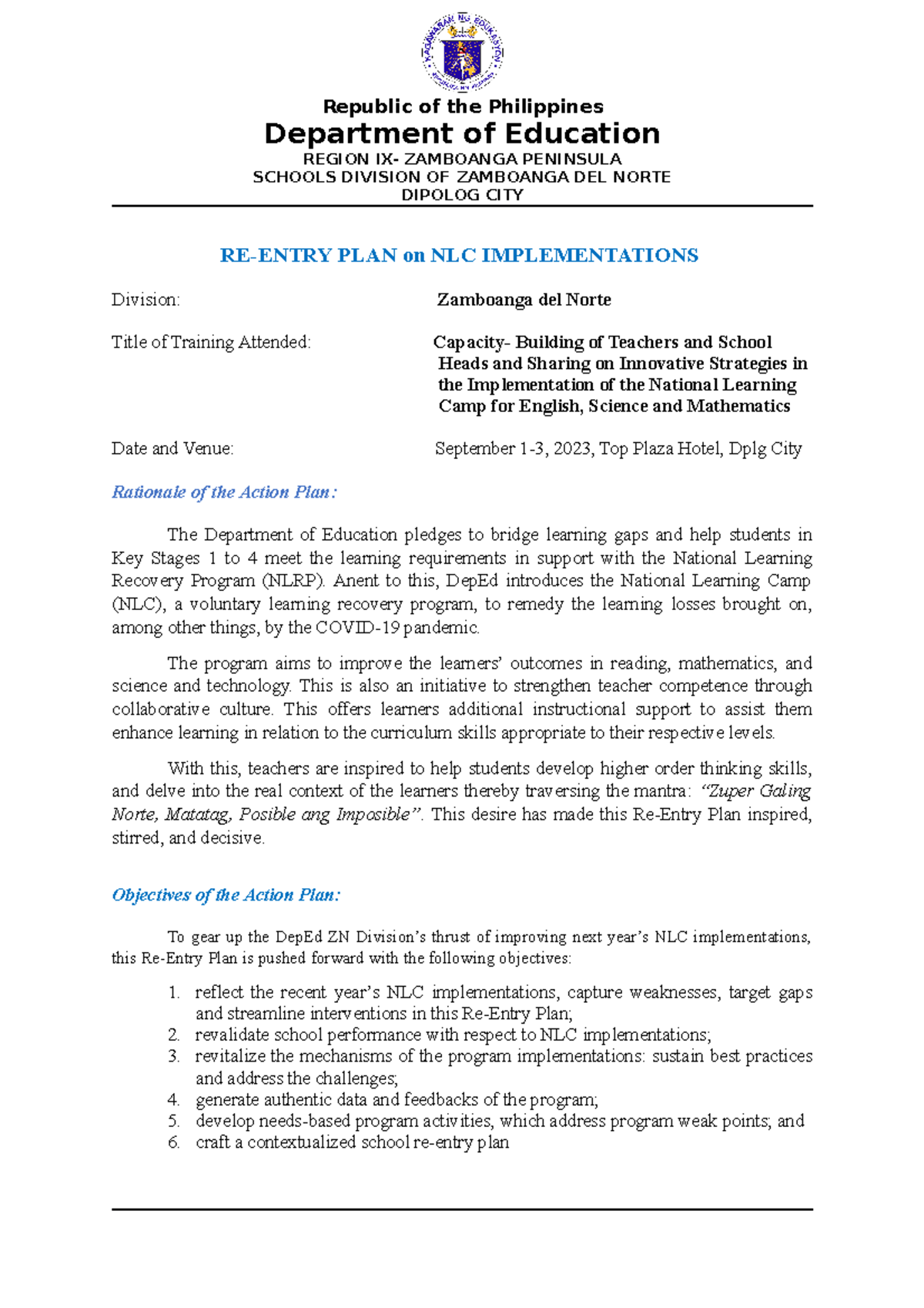Div NLC Re Entry - NLC PLan - Department of Education REGION IX ...