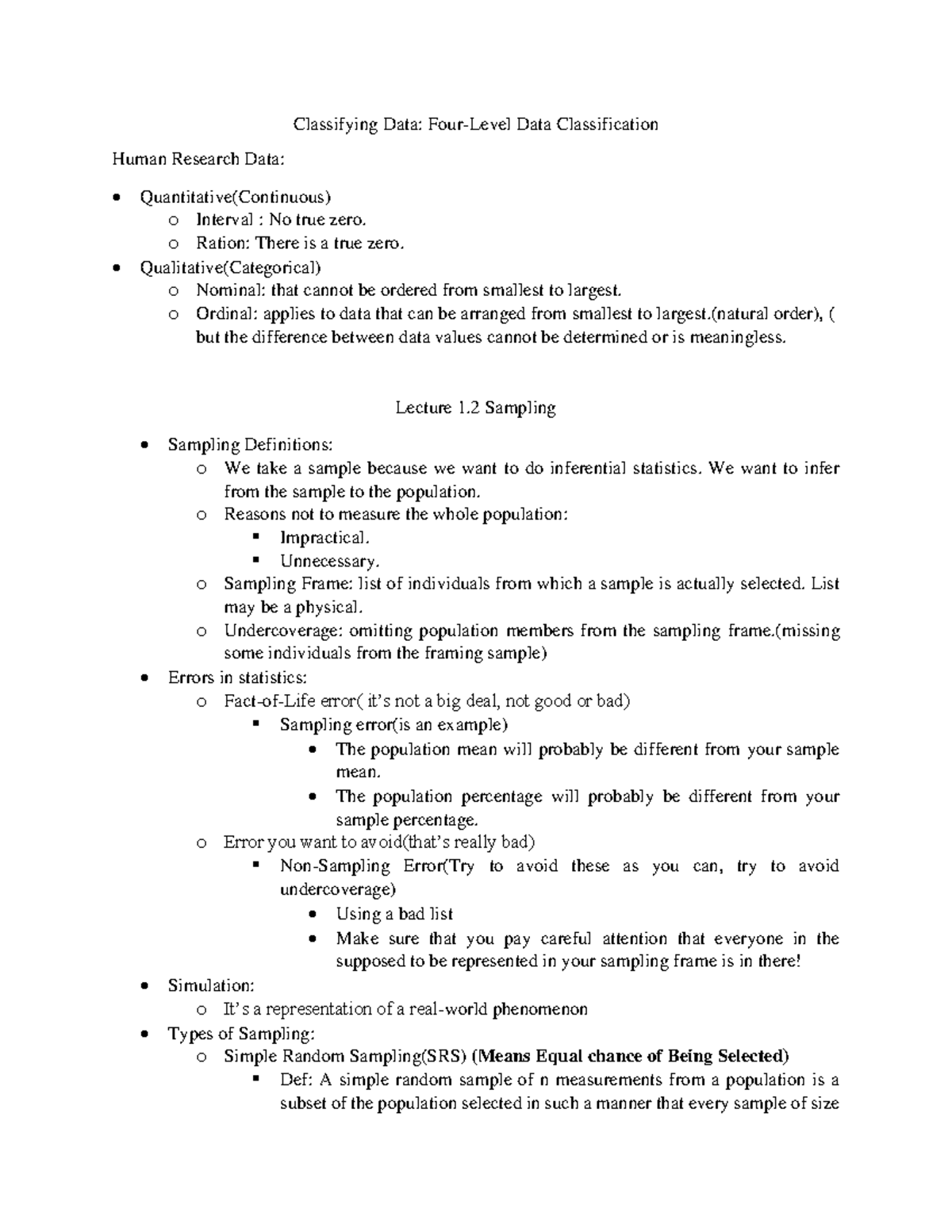 Statistics Course - stat notes very important - Classifying Data: Four ...