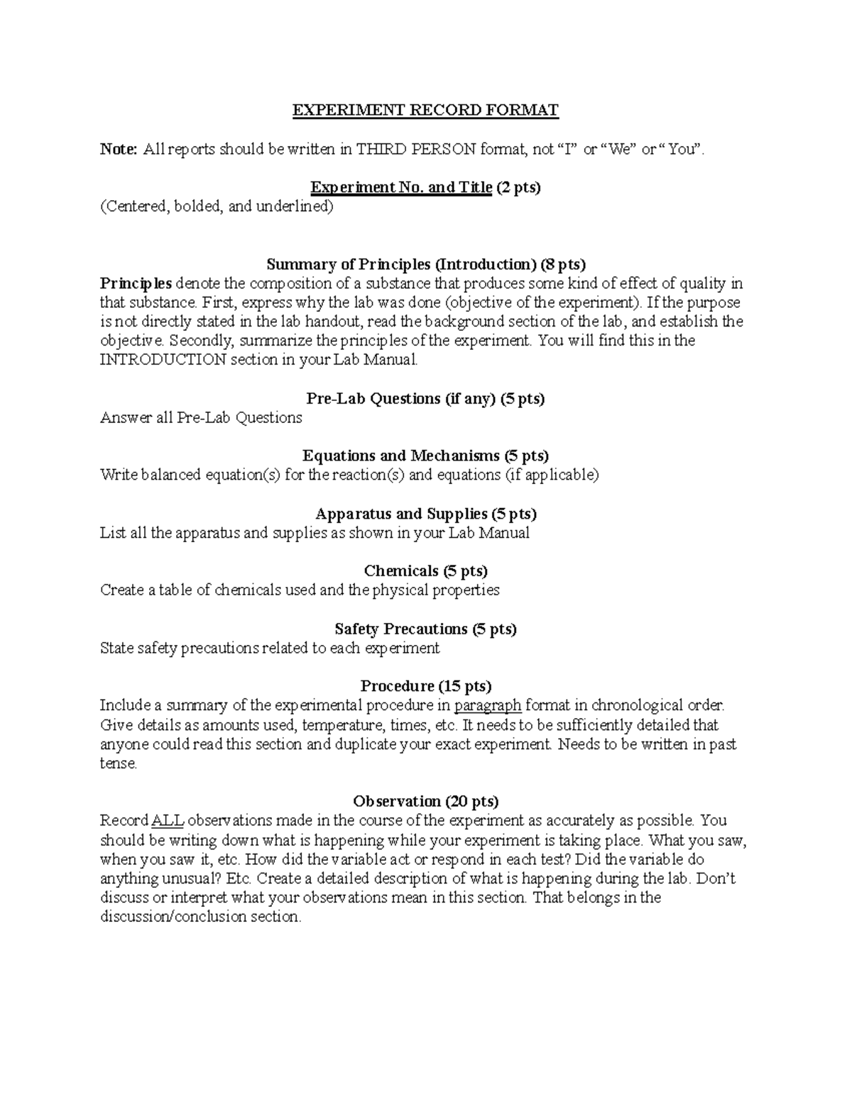 Lab Report Outline Experiment Record Format Note All Reports Should