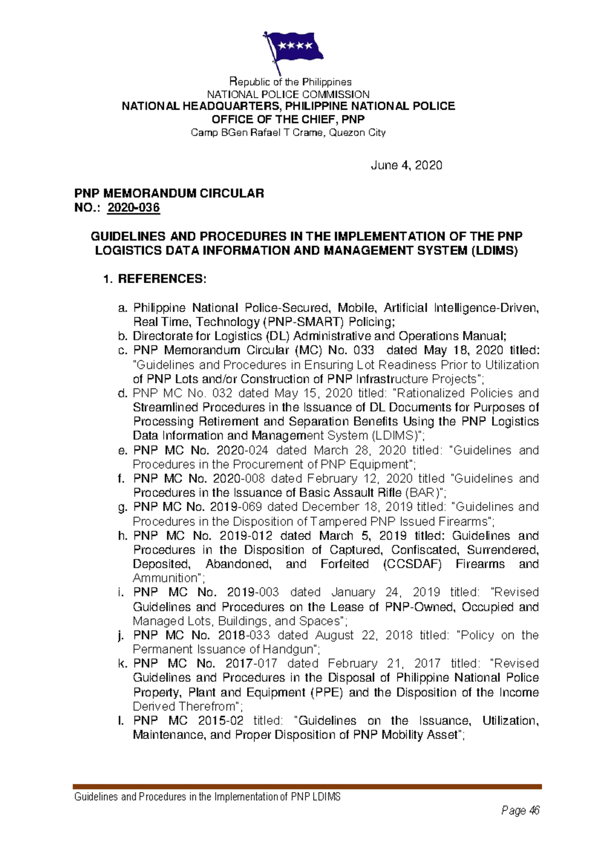 MC 2020 036 PNP Ldims - .... - Guidelines and Procedures in the Implementation of PNP LDIMS ...