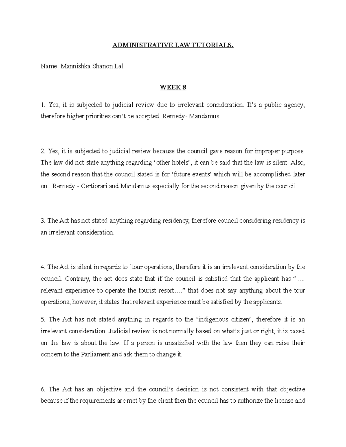 Mannishka Lal- Week 8 Lw309 Tutorial - ADMINISTRATIVE LAW TUTORIALS ...